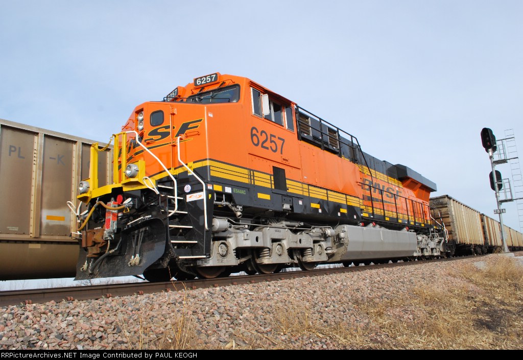 BNSF 6257 rear DPU on a loaded coal train waiting to roll east towards Lincoln, Ne.